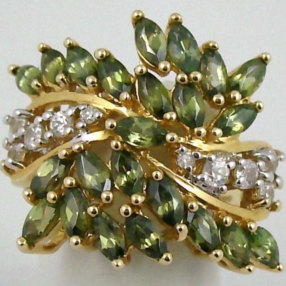 14k Gold Green & White Zircon Ring - Gem